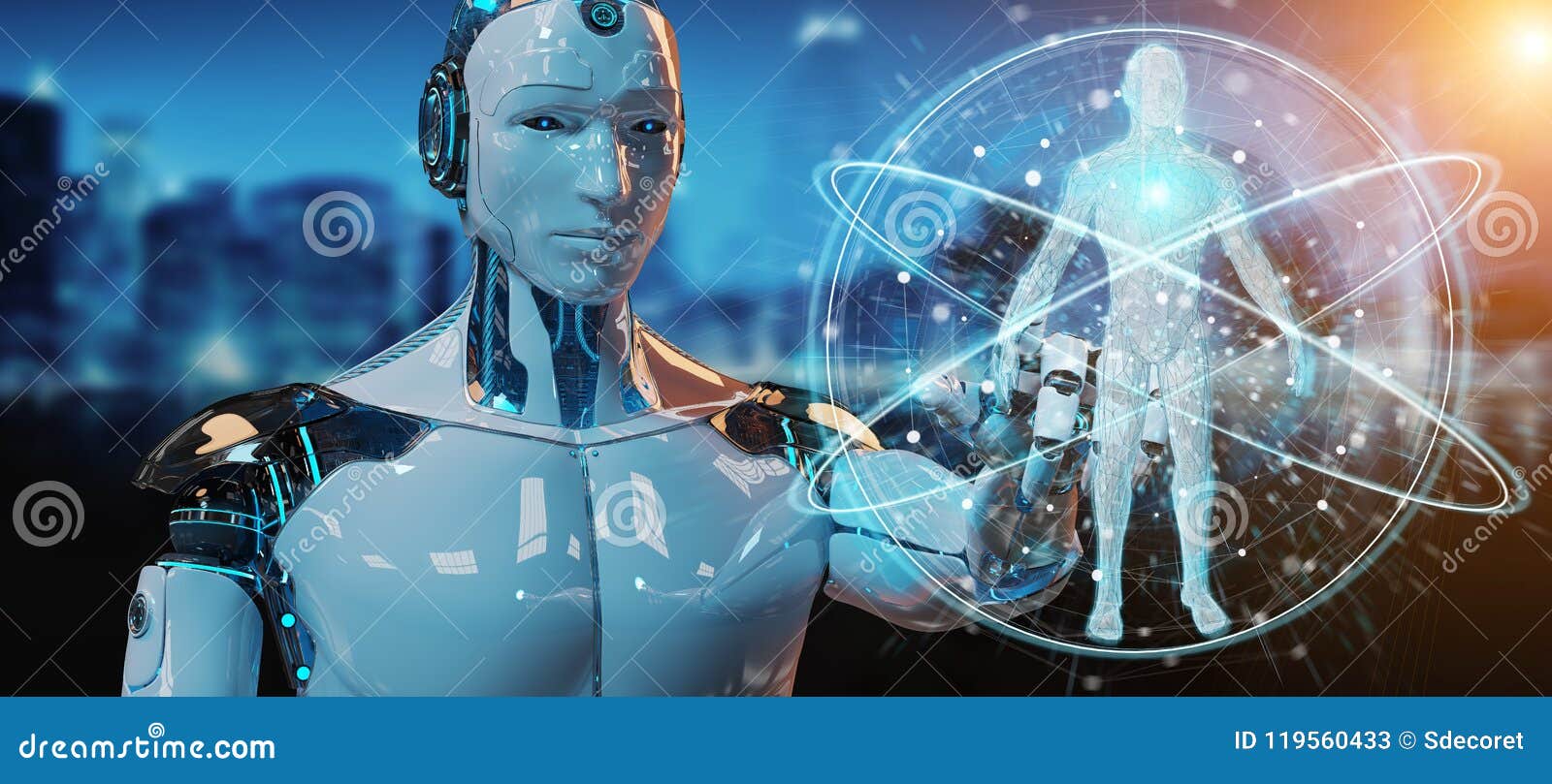 White Man Robot Scanning Human Body 3D Rendering Stock Illustration ...