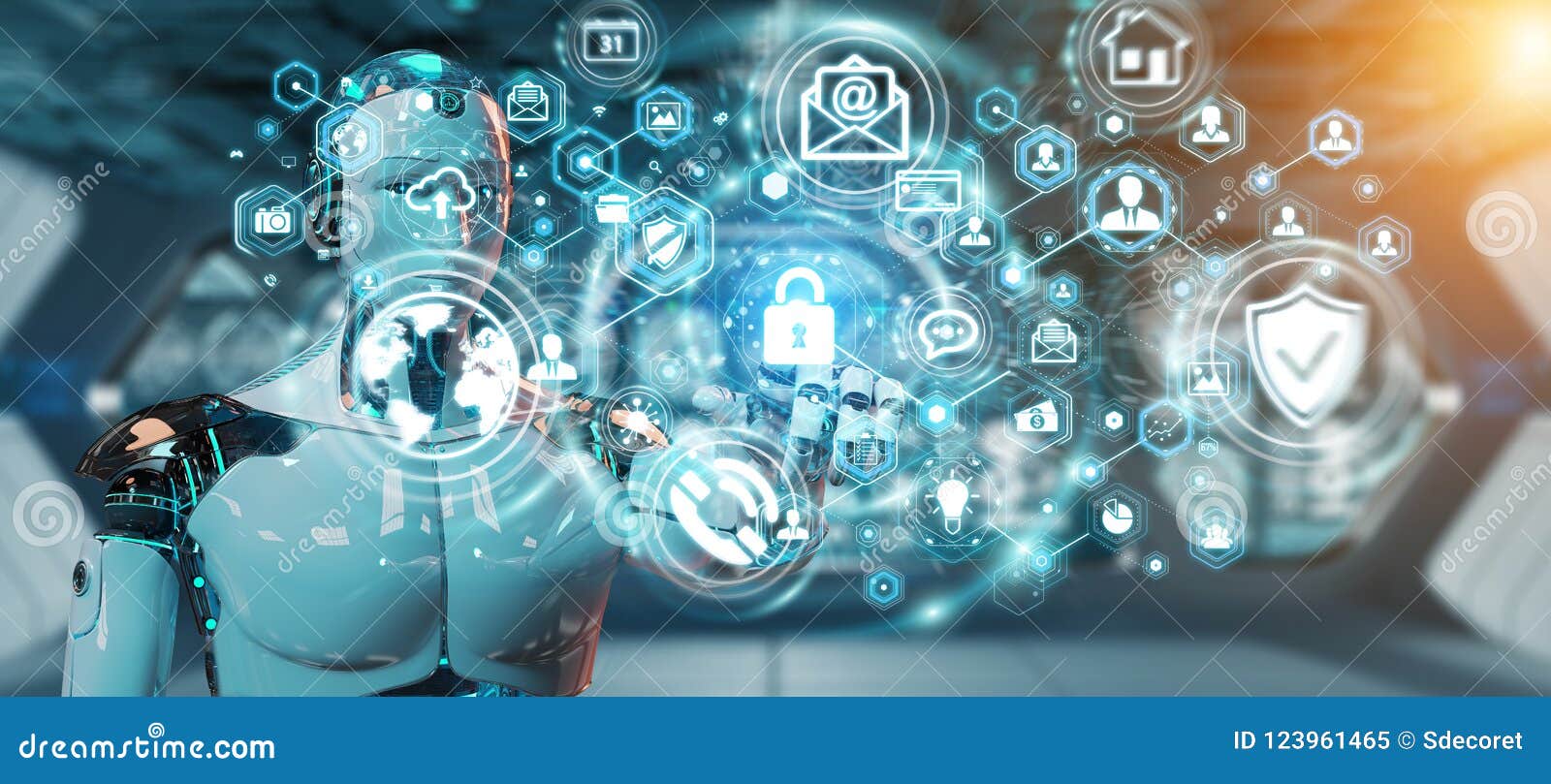 White Man Robot Using Cyber Security Data Interface 3D Rendering Stock ...