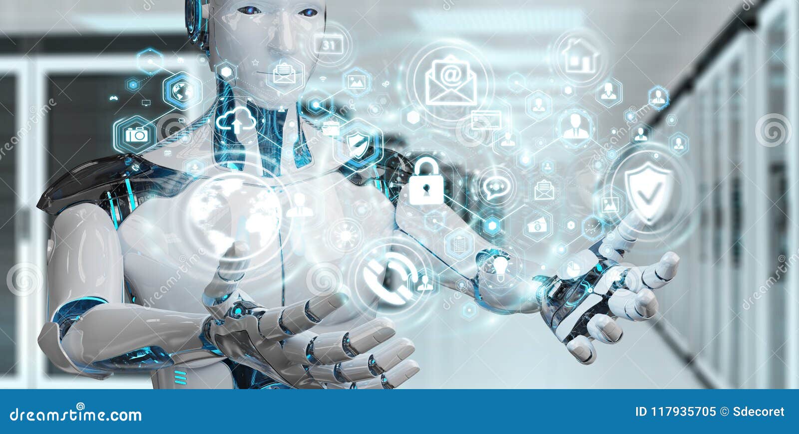 White Man Robot Using Cyber Security Data Interface 3D Rendering Stock ...