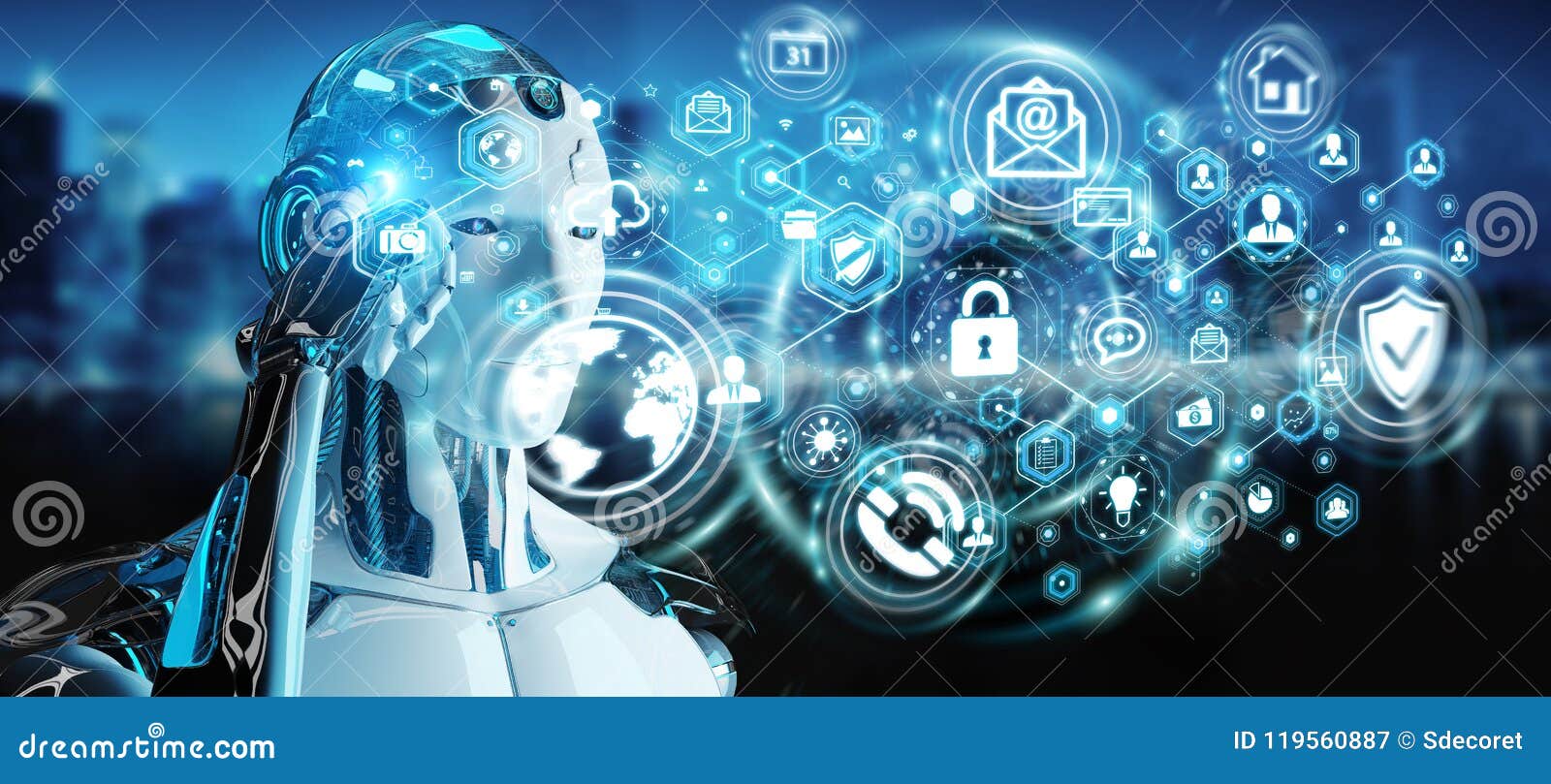 White Man Robot Using Cyber Security Data Interface 3D Rendering Stock ...