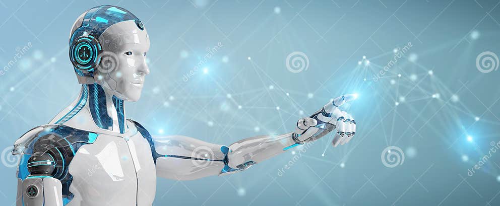 White Man Robot Using Digital Network Connection 3D Rendering Stock ...