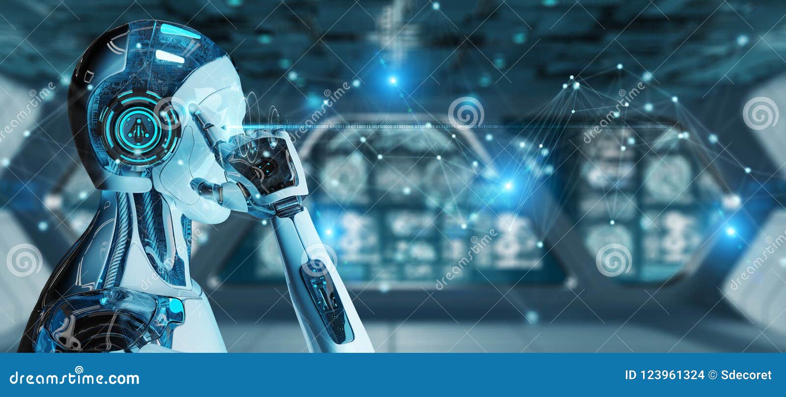 White Man Robot Using Digital Network Connection 3D Rendering Stock ...