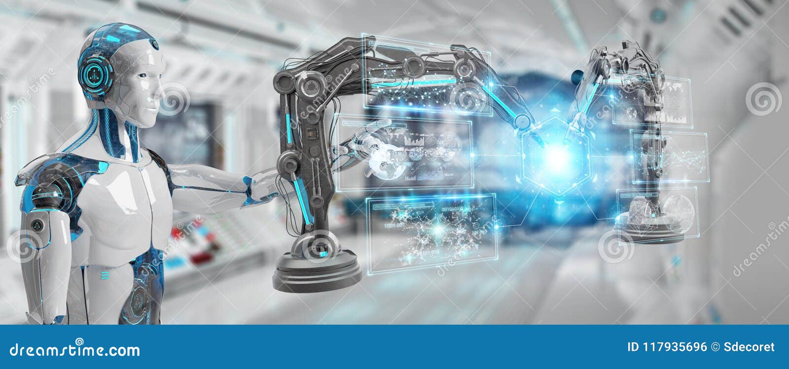 White Man Robot Using Robotics Arms with Digital Screen 3D Rendering ...