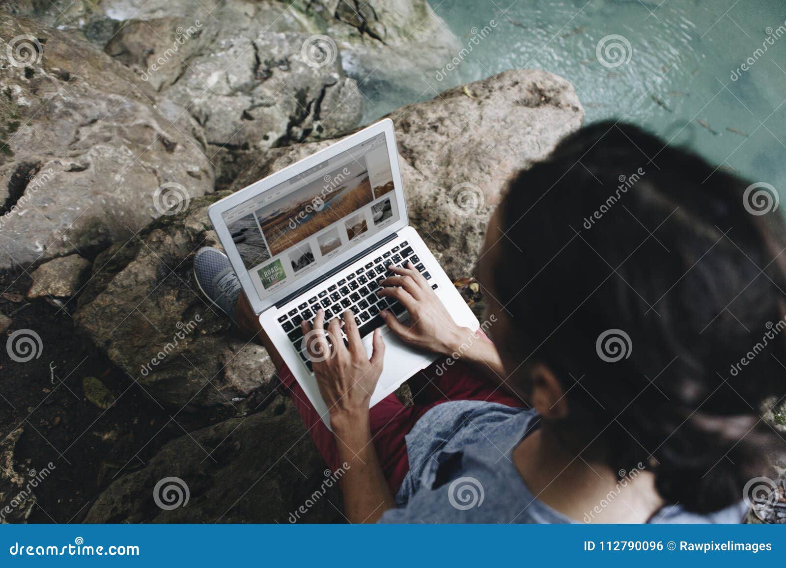 White Man Using Computer Laptop at Waterfall Stock Photo - Image of ...