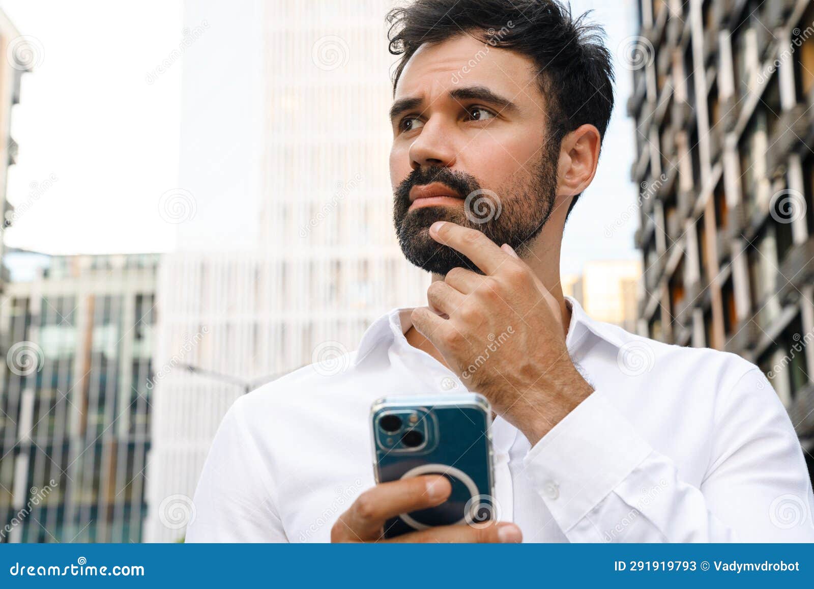 White Man Using Mobile Phone while Standing at City Street Stock Image ...