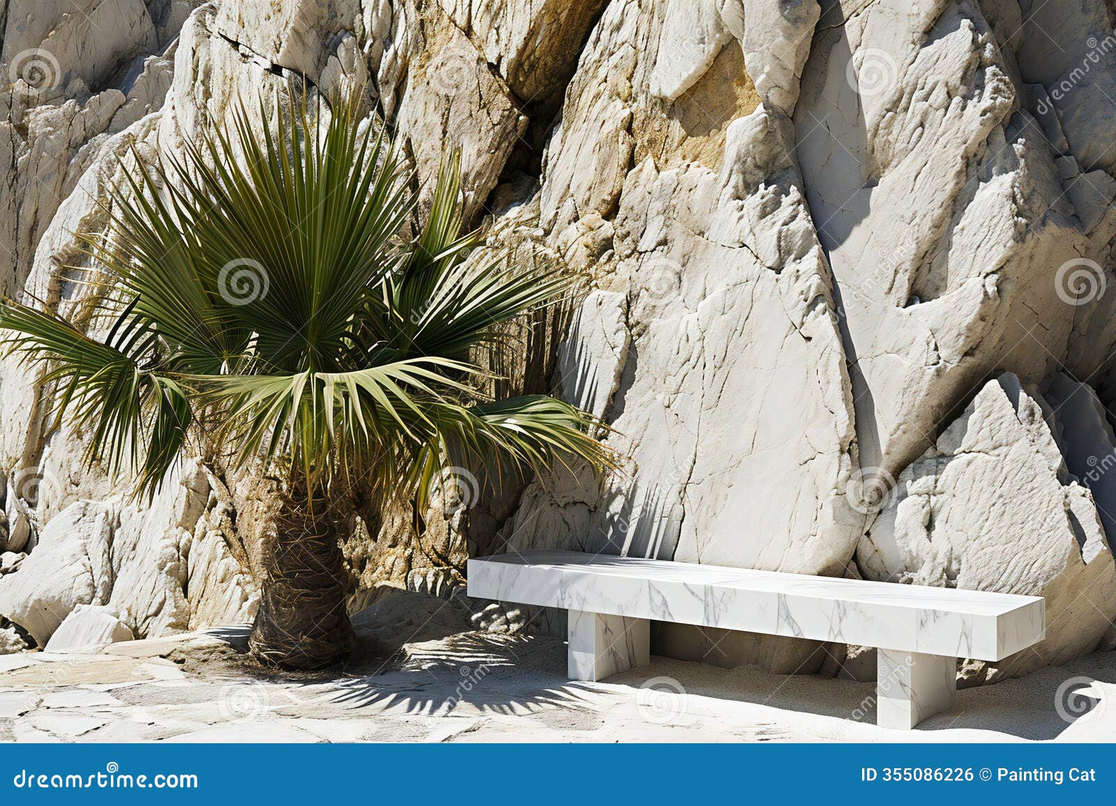 White Marble Bench with Palm Tree on the Background of the Rock Stock ...