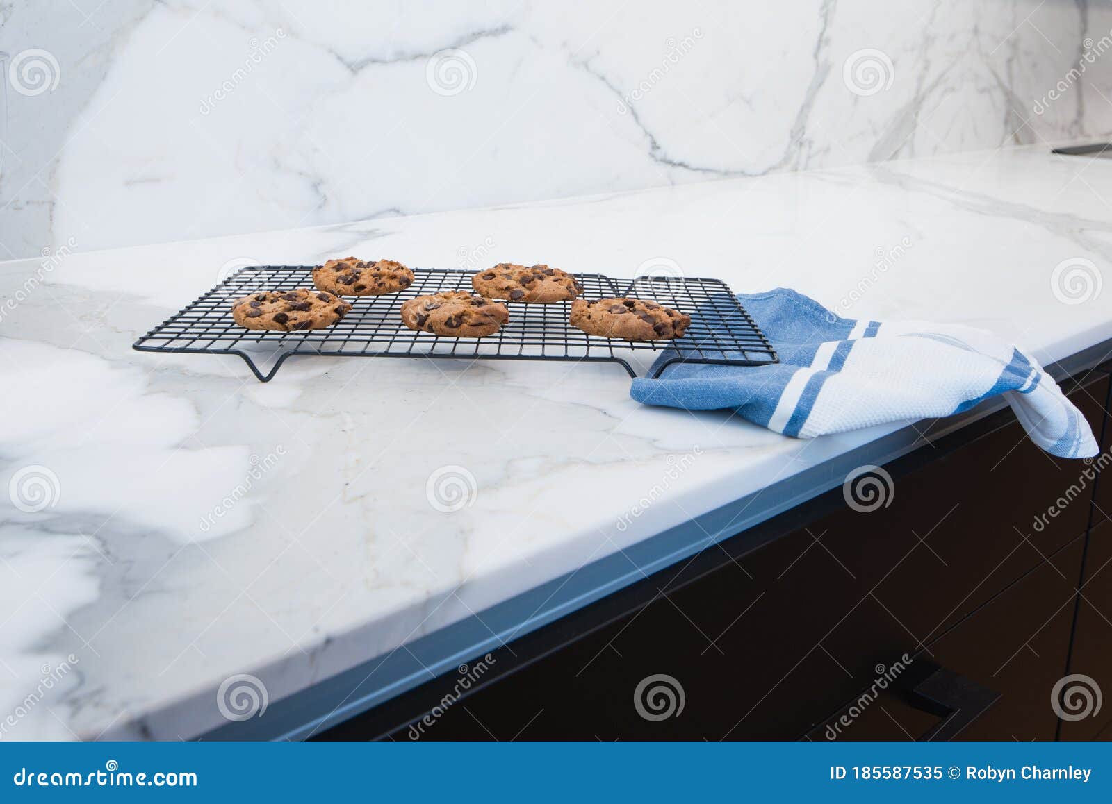 White Marble Kitchen Countertop with Chocolate Chip Cookies on Wire ...
