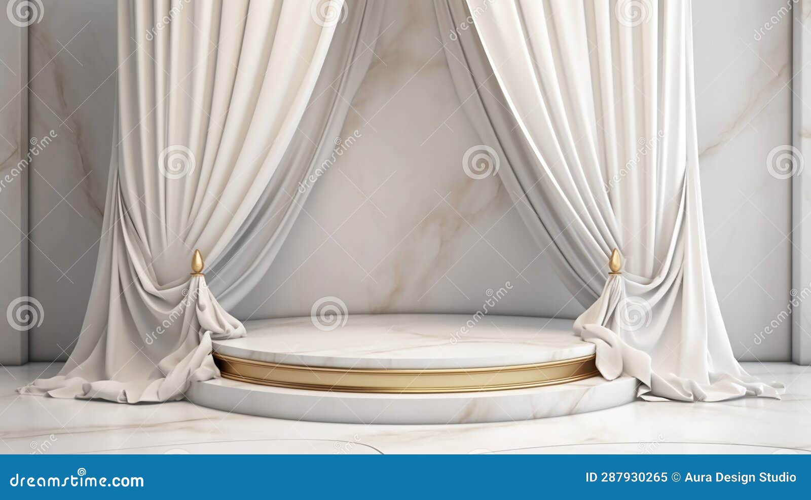 White Marble Platform Pedestal Display Stage with Open White Curtain ...