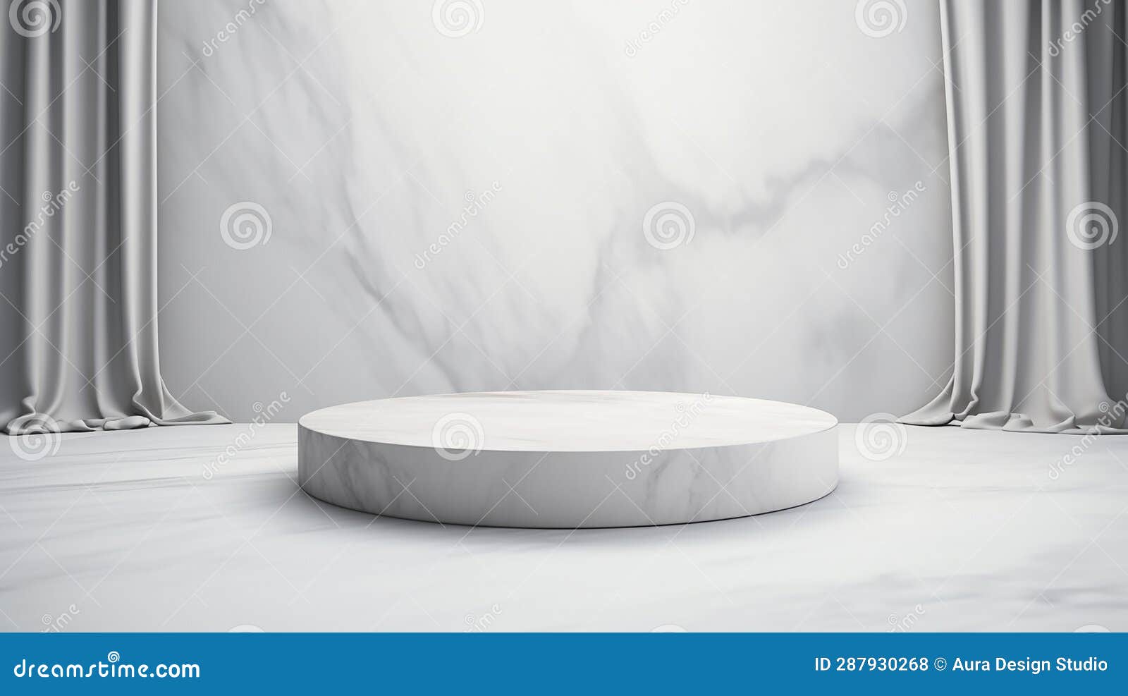 White Marble Platform Pedestal Display Stage with Open White Curtain ...