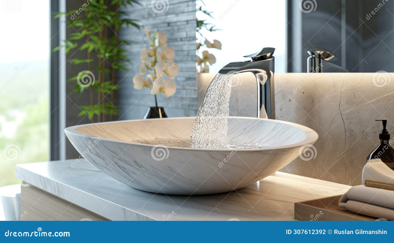 White Marble Sink with Water Fountain in Modern Bathroom Stock Photo ...