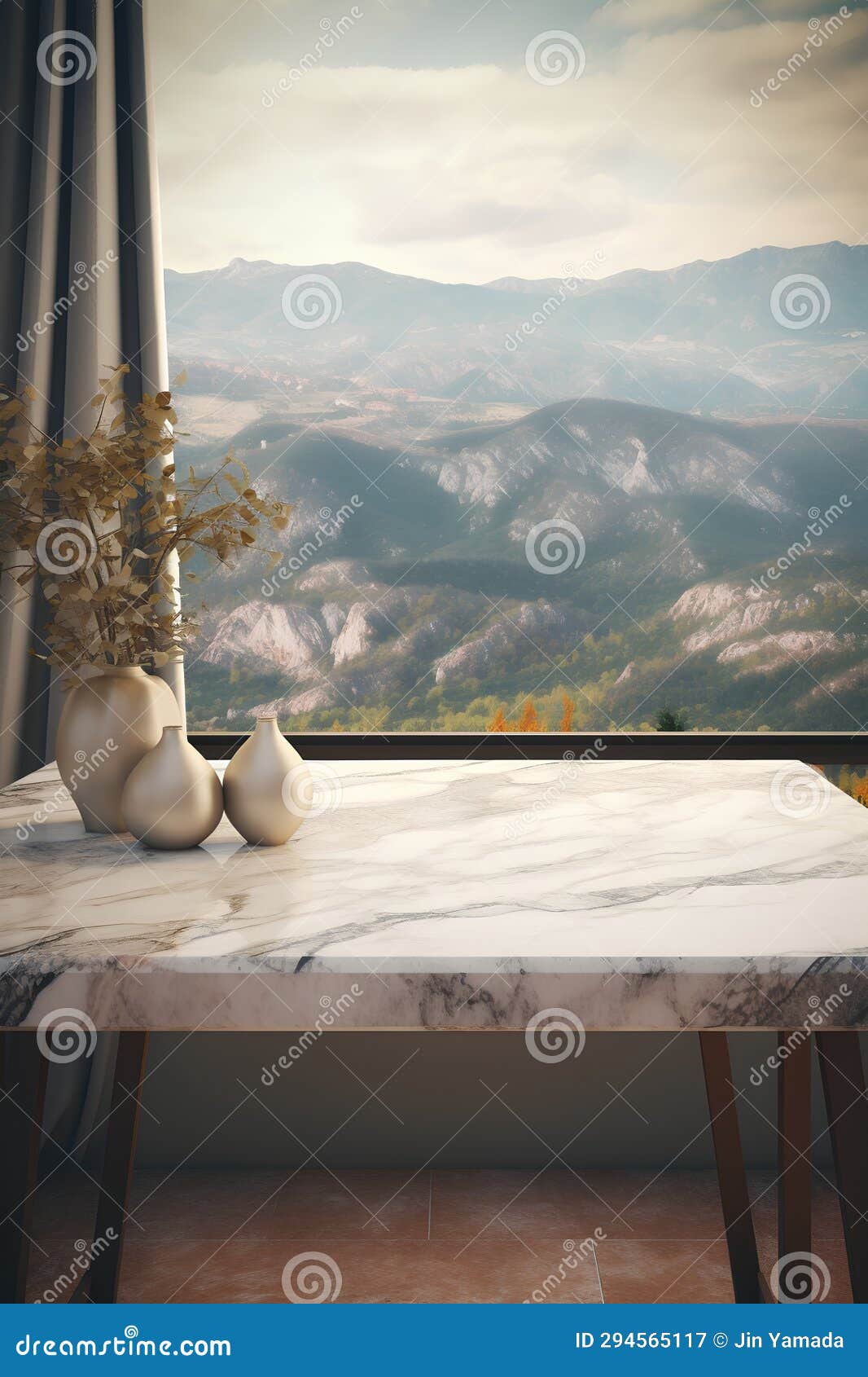White Marble Table Top in Front of Mountain Landscape. 3d Render Stock ...