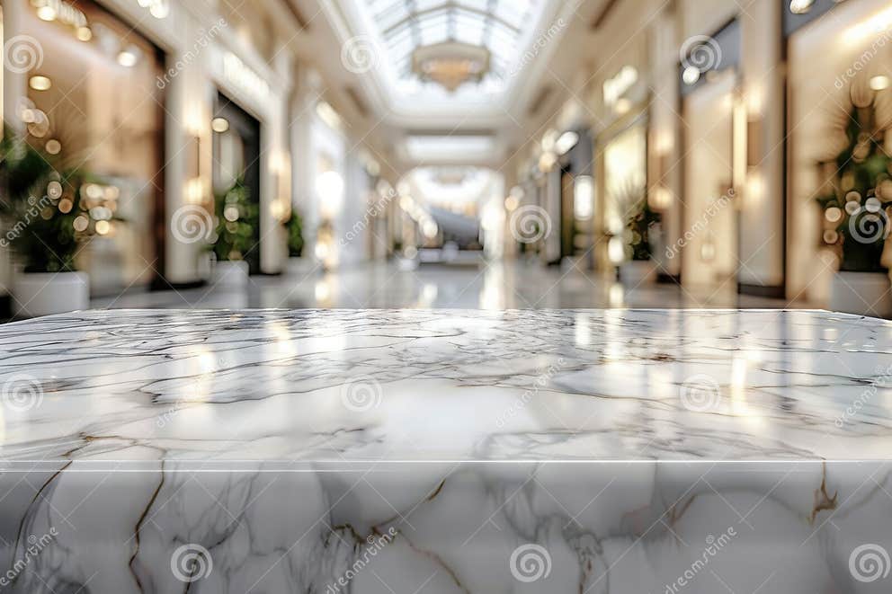 A White Marble Table with a View of a Mall Stock Photo - Image of ...