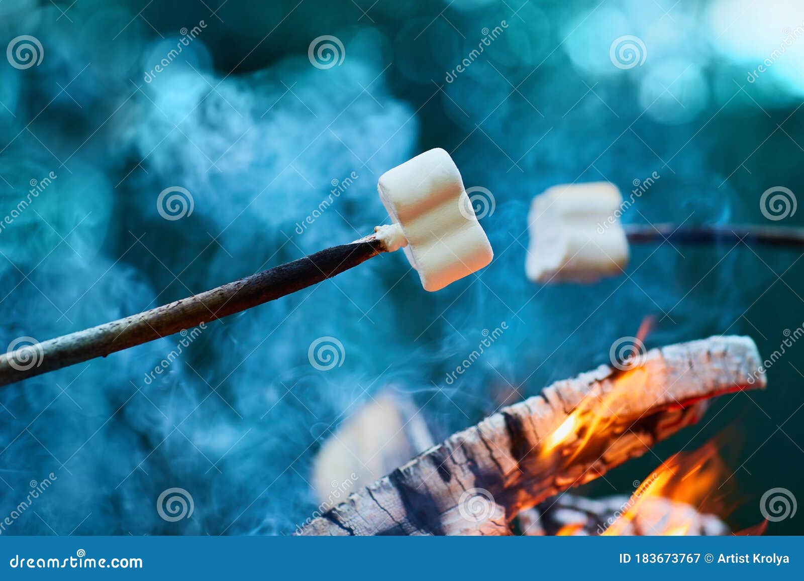 White Marshmallows on Sticks are Being Grilled Over the Fire Flames ...