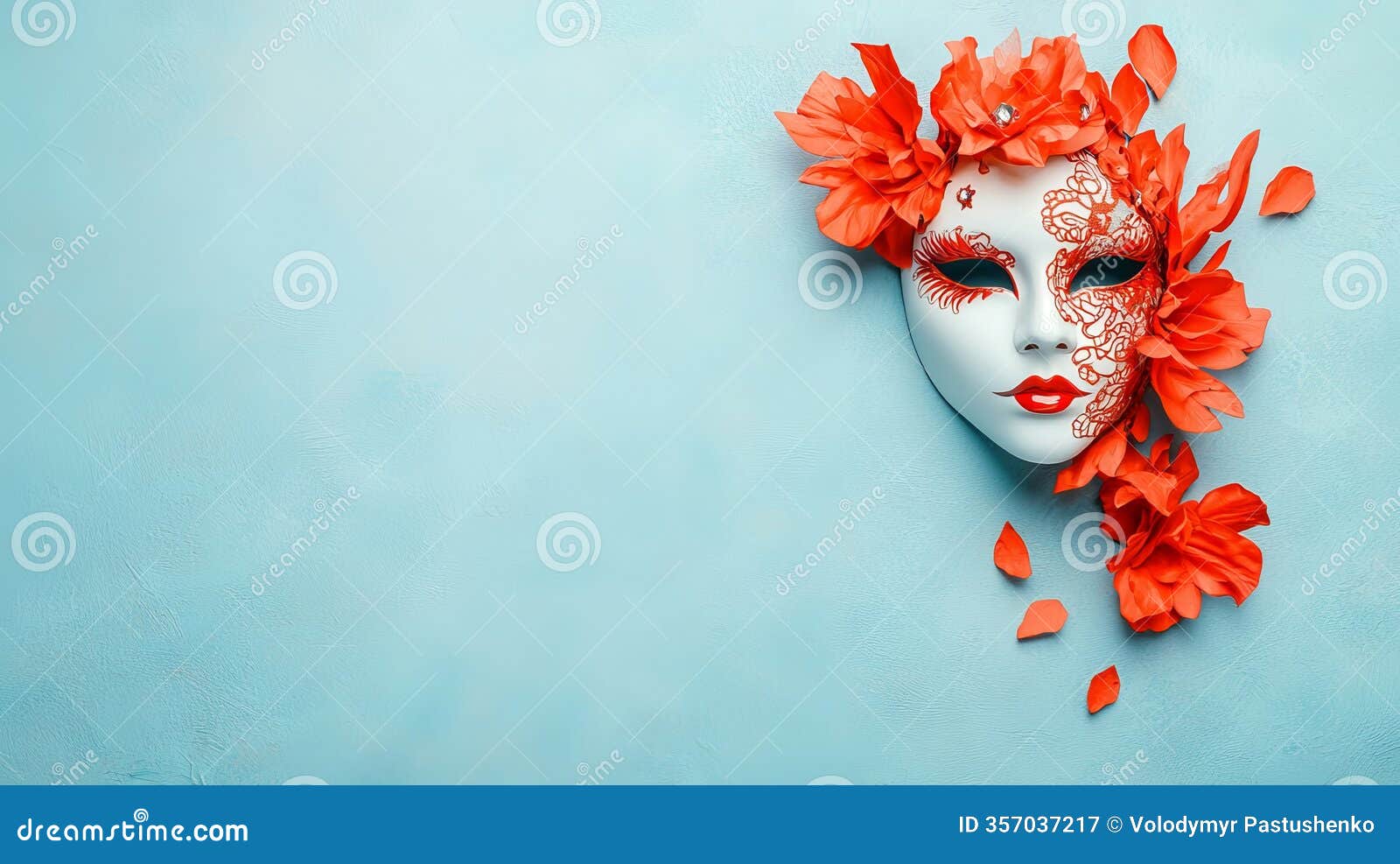 A White Mask with Red Flowers on a Blue Background Stock Image - Image ...