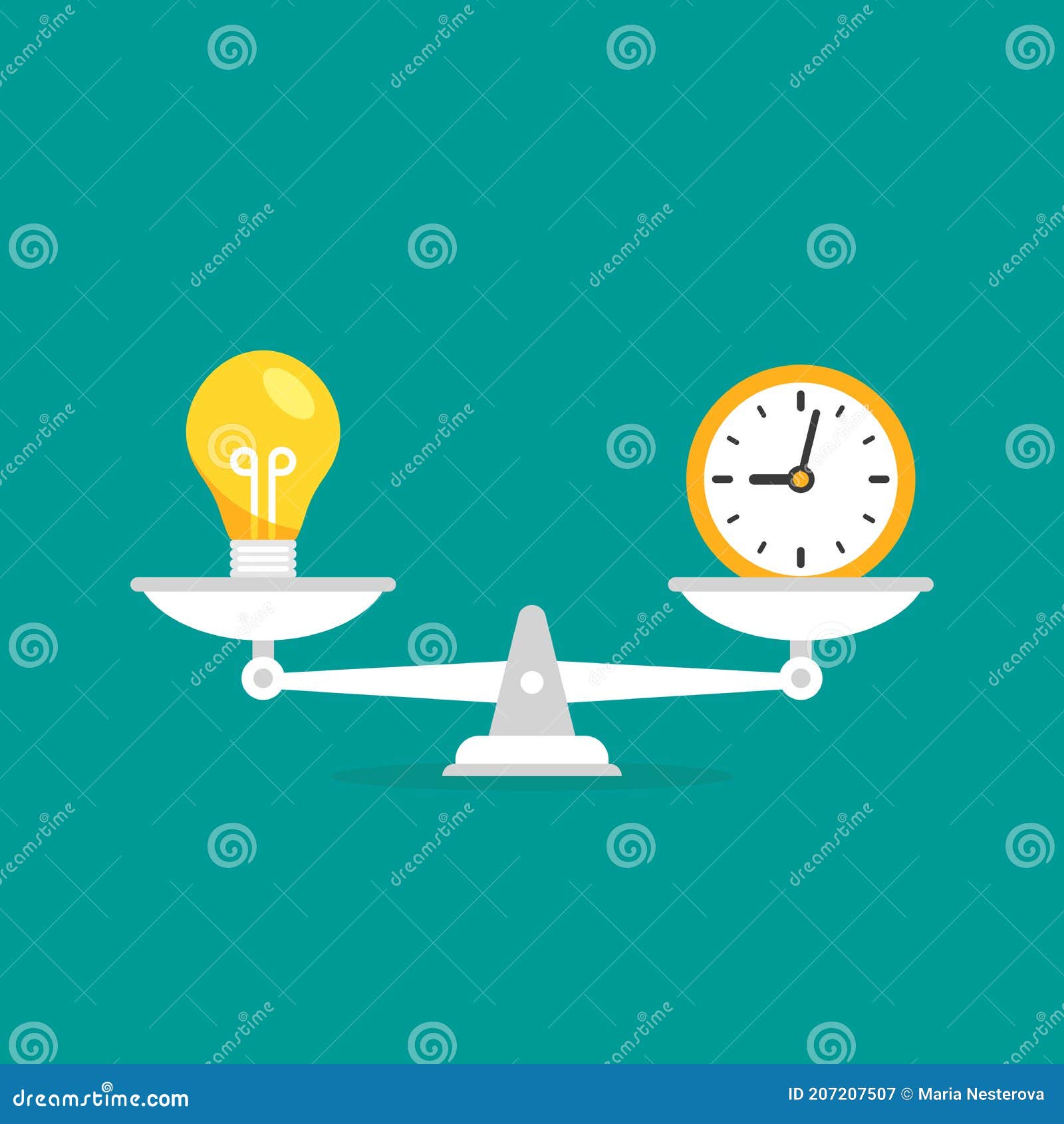 White Mechanical Scales with Clock and Light Bulb in Pans. Idea Value ...