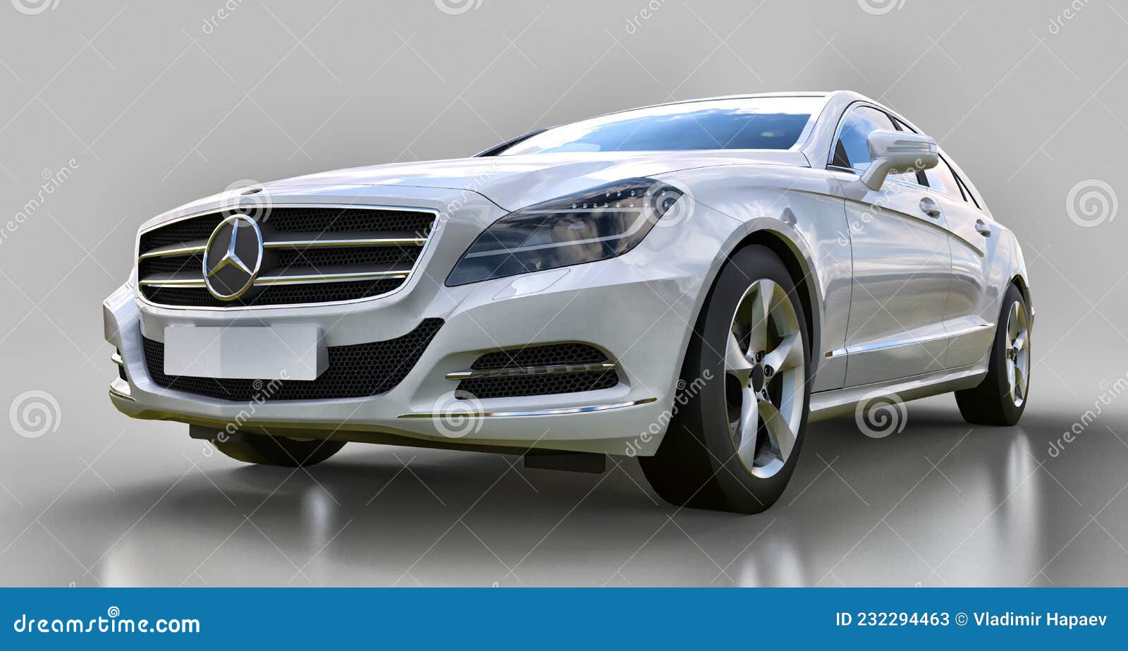 White Mercedes Benz CLS Coupe On A Gray Background. 3d Rendering ...