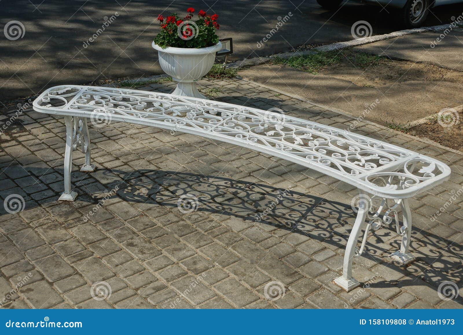 A White Metal Bench with a Forged Pattern Stock Photo - Image of open ...