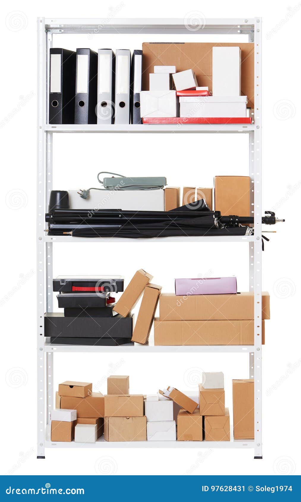White Metal Rack with Boxes, Tools and Different Things, Isolated ...