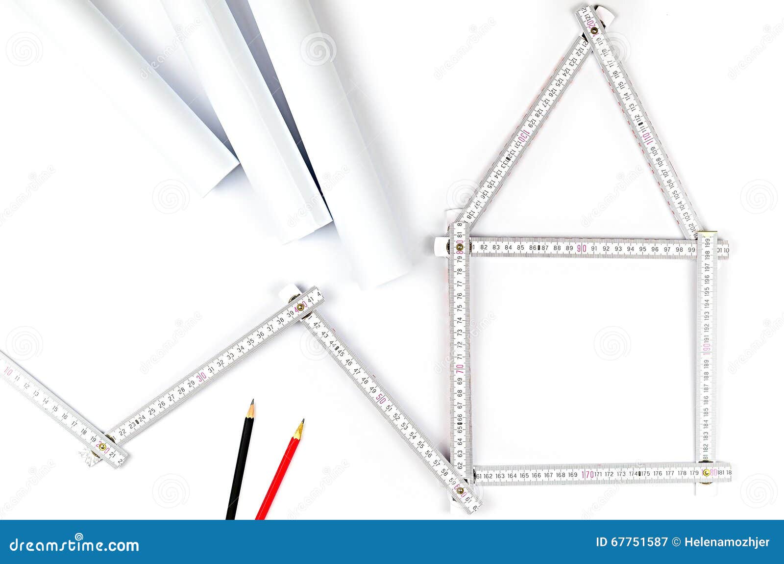 White Meter Tool Forming a House, Two Drawing Pencils and Paper Stock ...