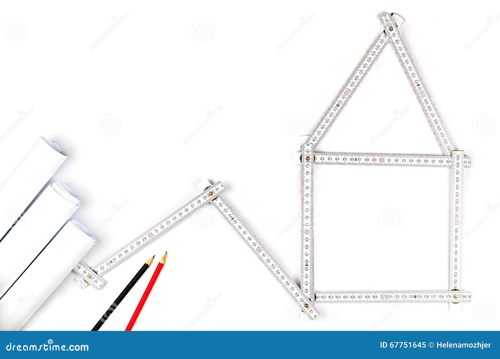 White Meter Tool Forming a House, Two Drawing Pencils and Paper Stock ...