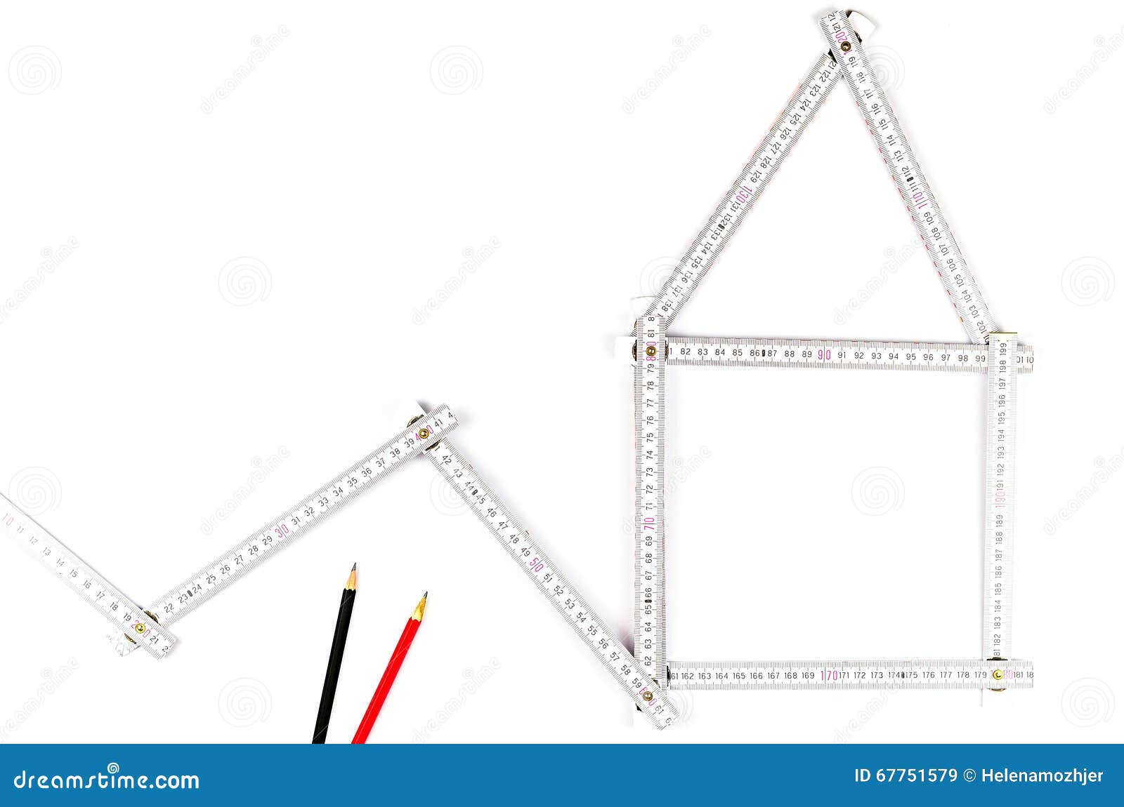 White Meter Tool Forming a House, Two Drawing Pencils on White Stock ...