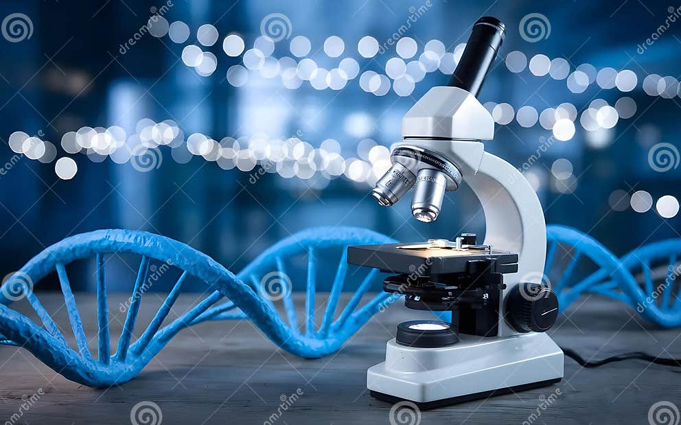 A White Microscope with a Blue DNA Model in Front of it, Against a ...
