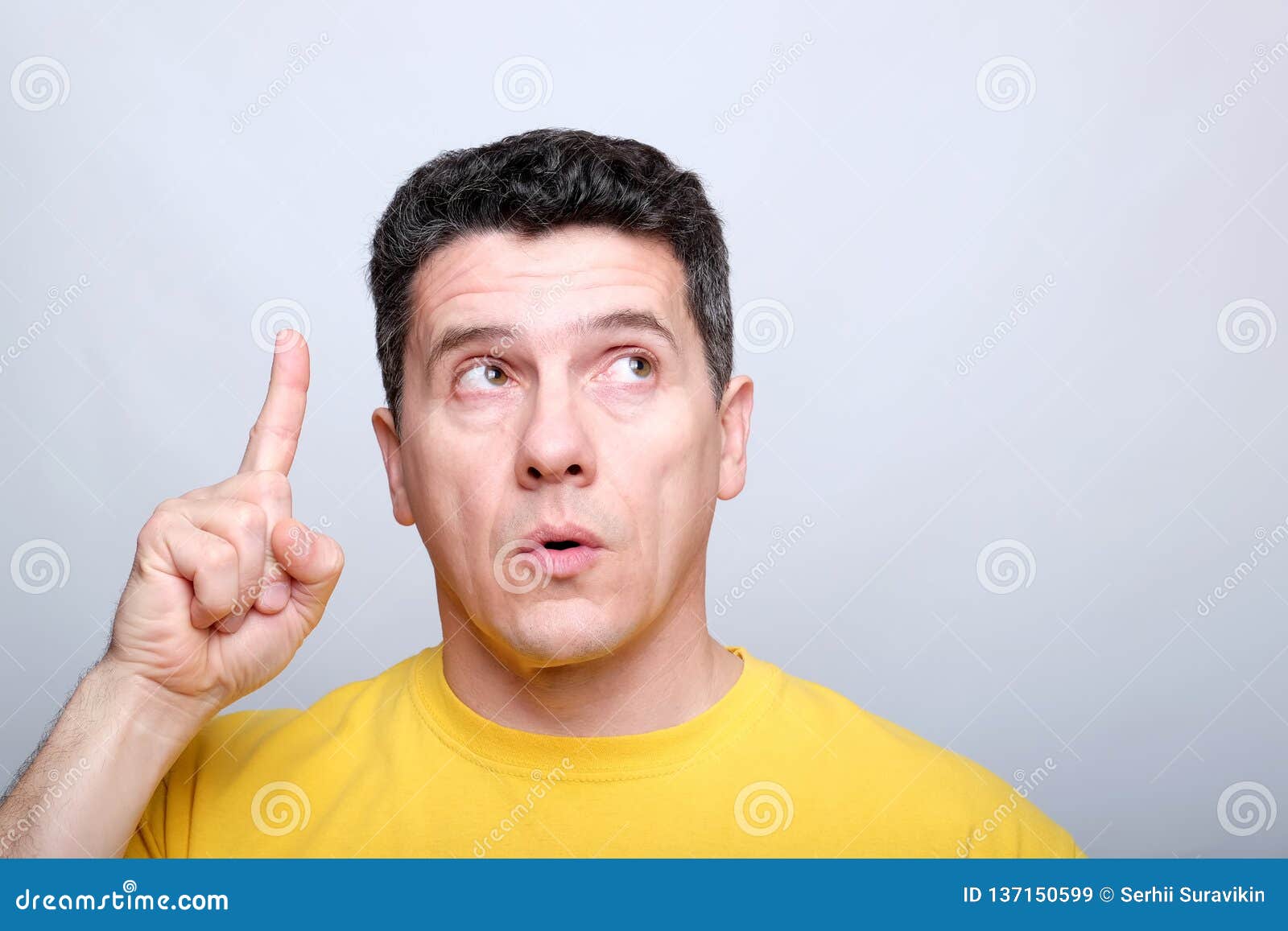 White Middle-aged Man Raises His Index Finger Upwards Stock Image ...