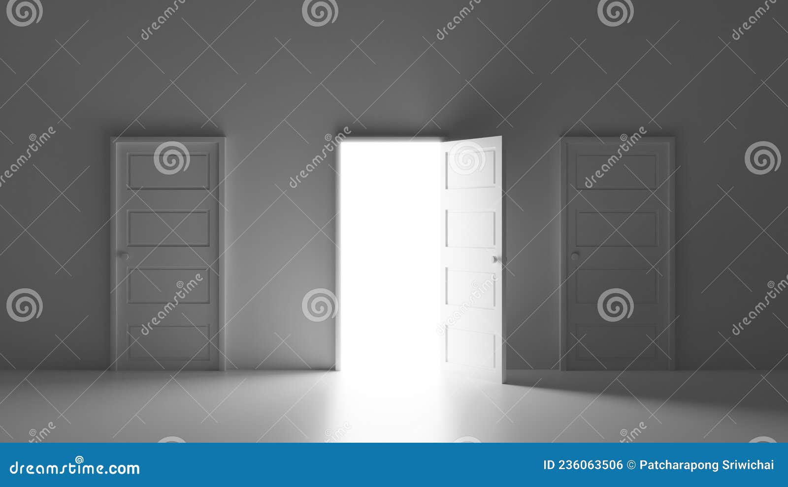 White Minimal Open Door and Bright Light between Two Closed Door 3D ...