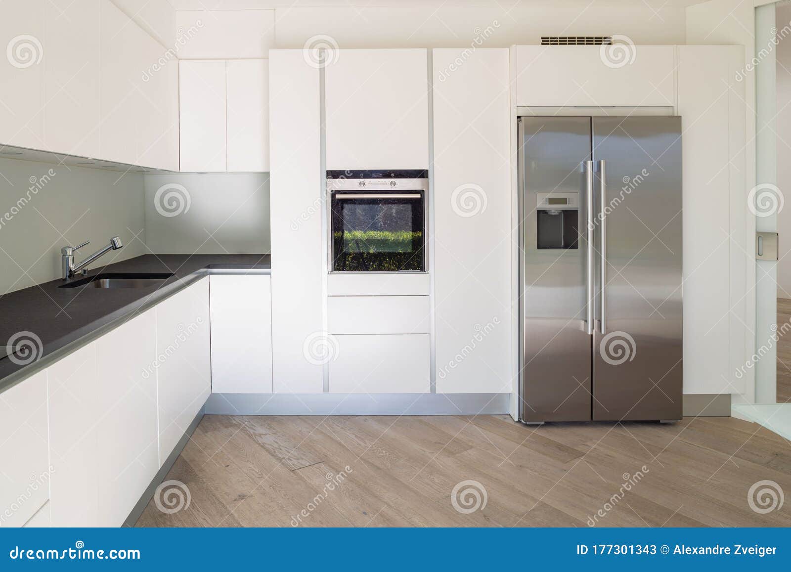 White Minimalist Modern Kitchen Front View Stock Image - Image of floor ...