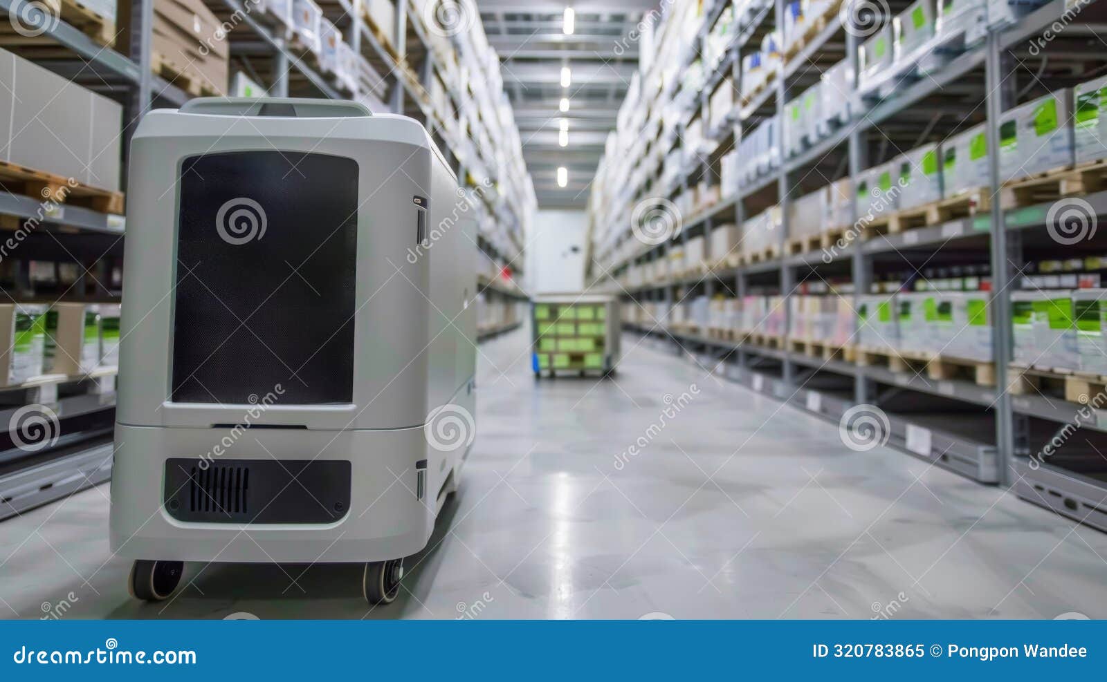 A White Mobile Robot Moving through a Warehouse Filled with Tall ...