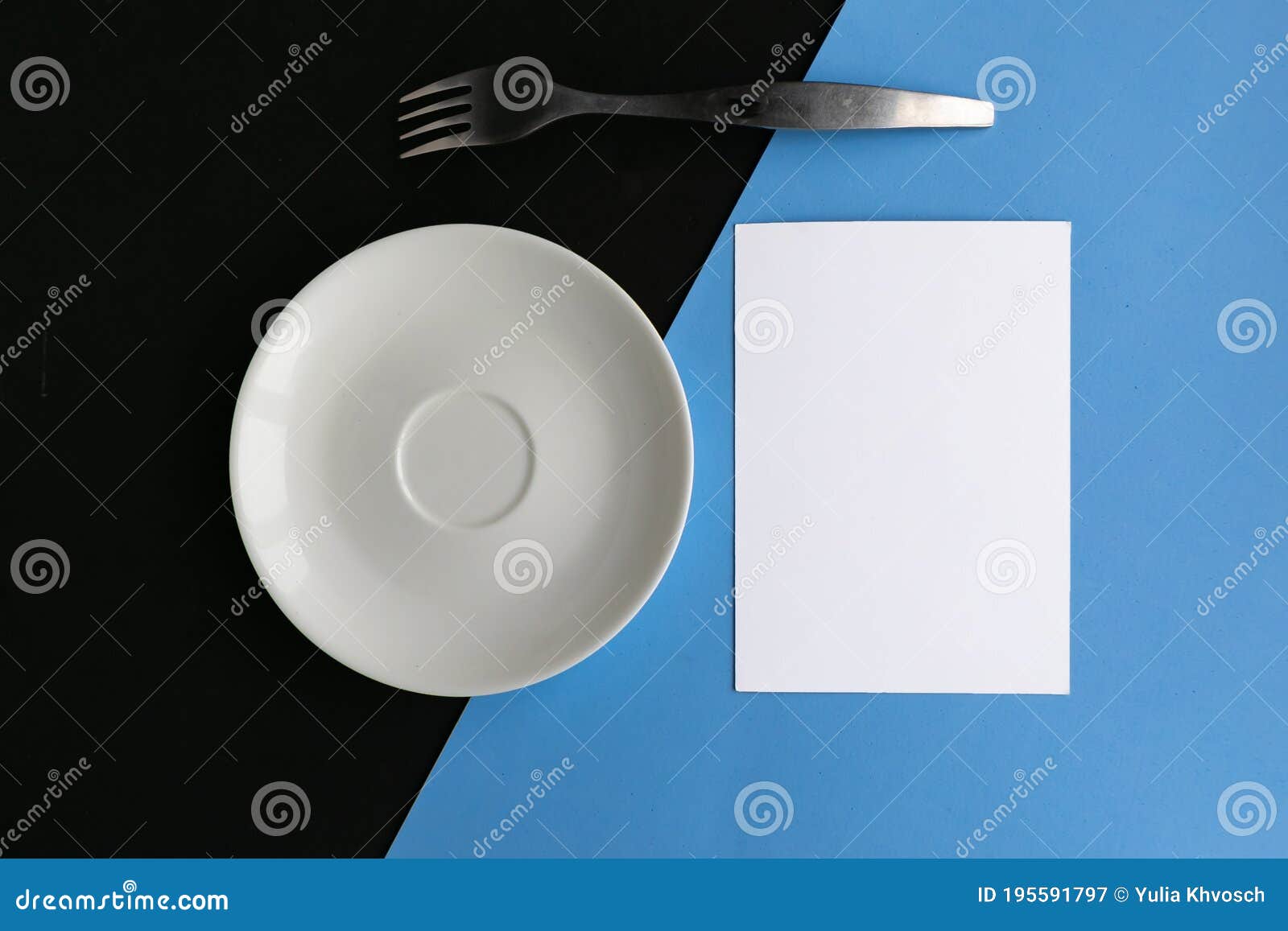 White Mockup Plate, Blank and Fork on Blue and Black Geometric ...