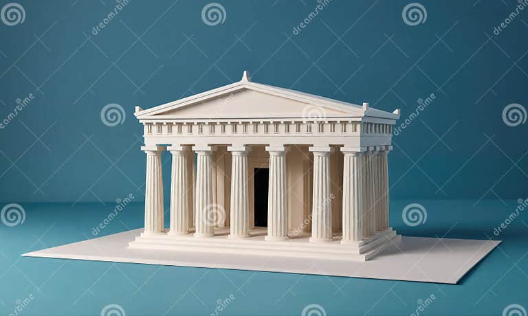 A White Temple Model with Columns Sits on a White Platform in Front of ...