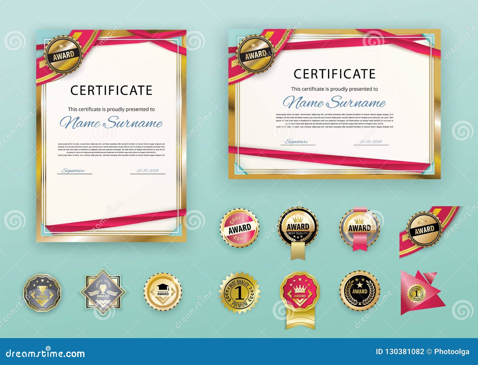 White Modern Certificates with Abstract Red Ribbon and Set of Emblems ...