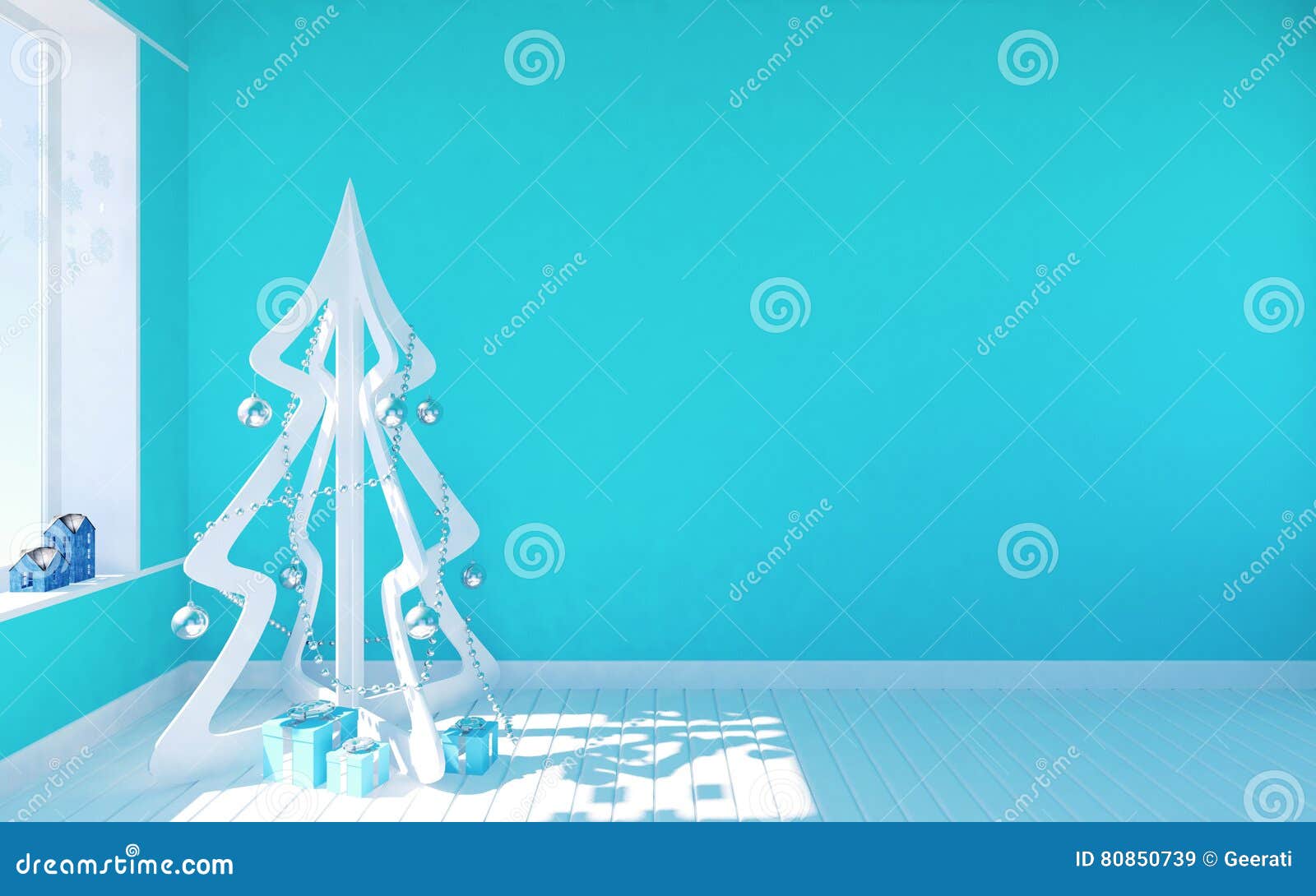 White Modern Christmas Tree in Blue Empty Room with Living Space Stock ...