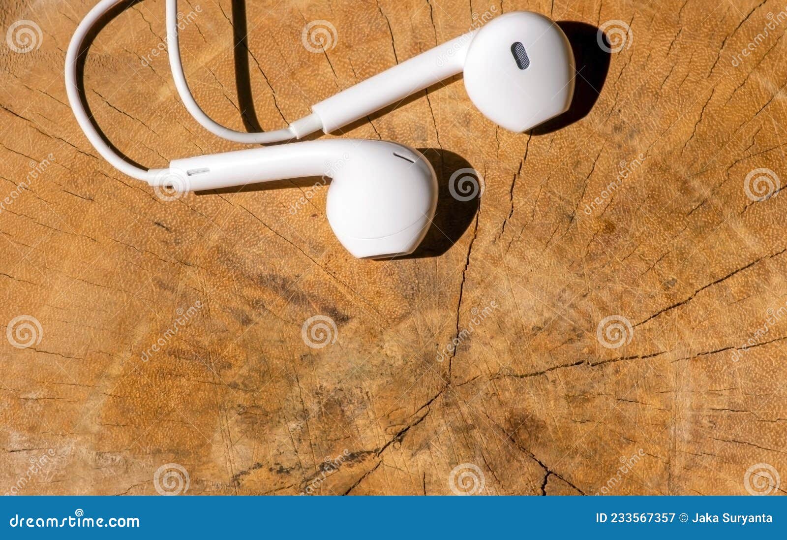 White Modern Earphones, Headset, on Wood Table Stock Image - Image of ...