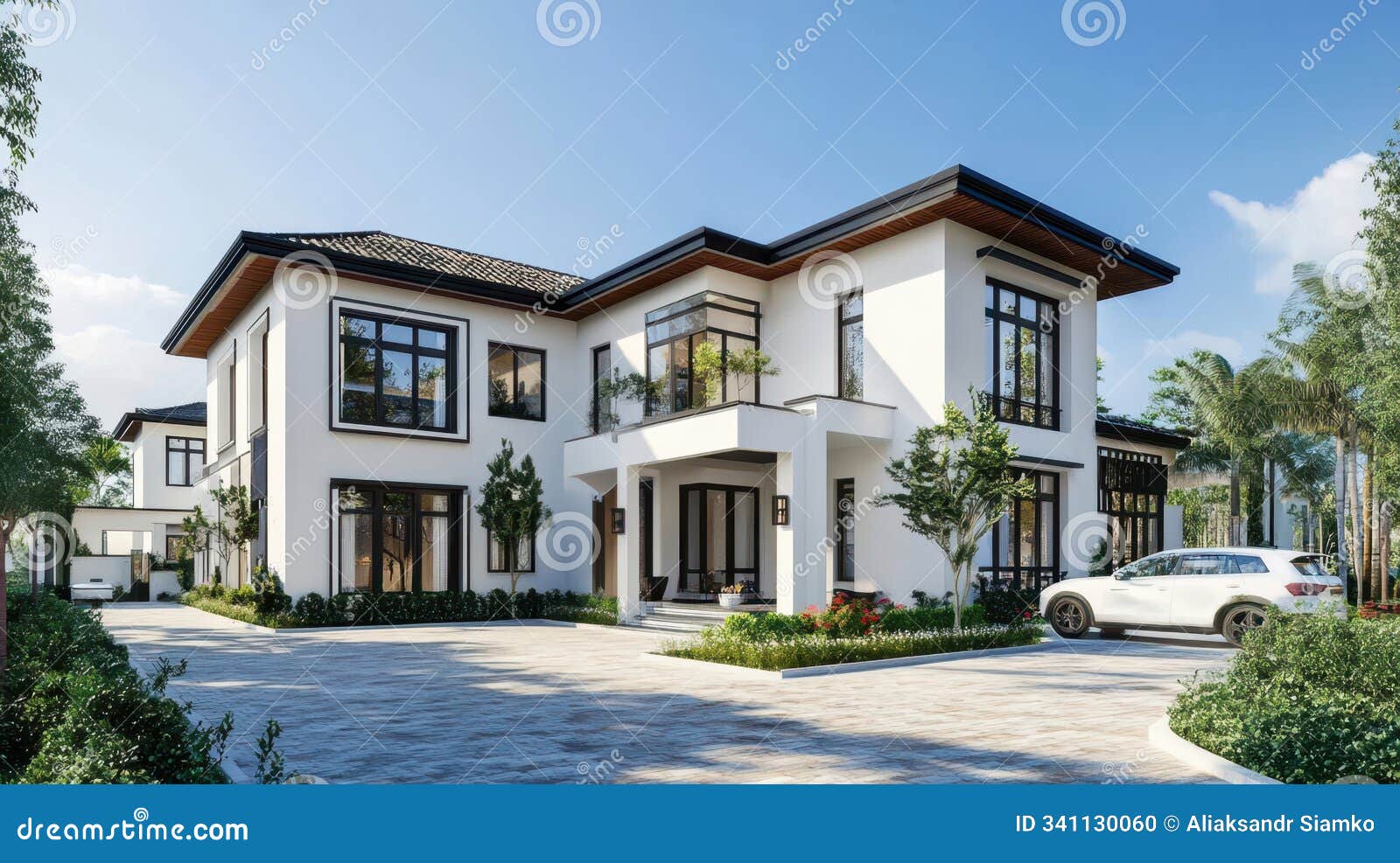 White Modern House Exterior Design 3D Render Stock Illustration ...