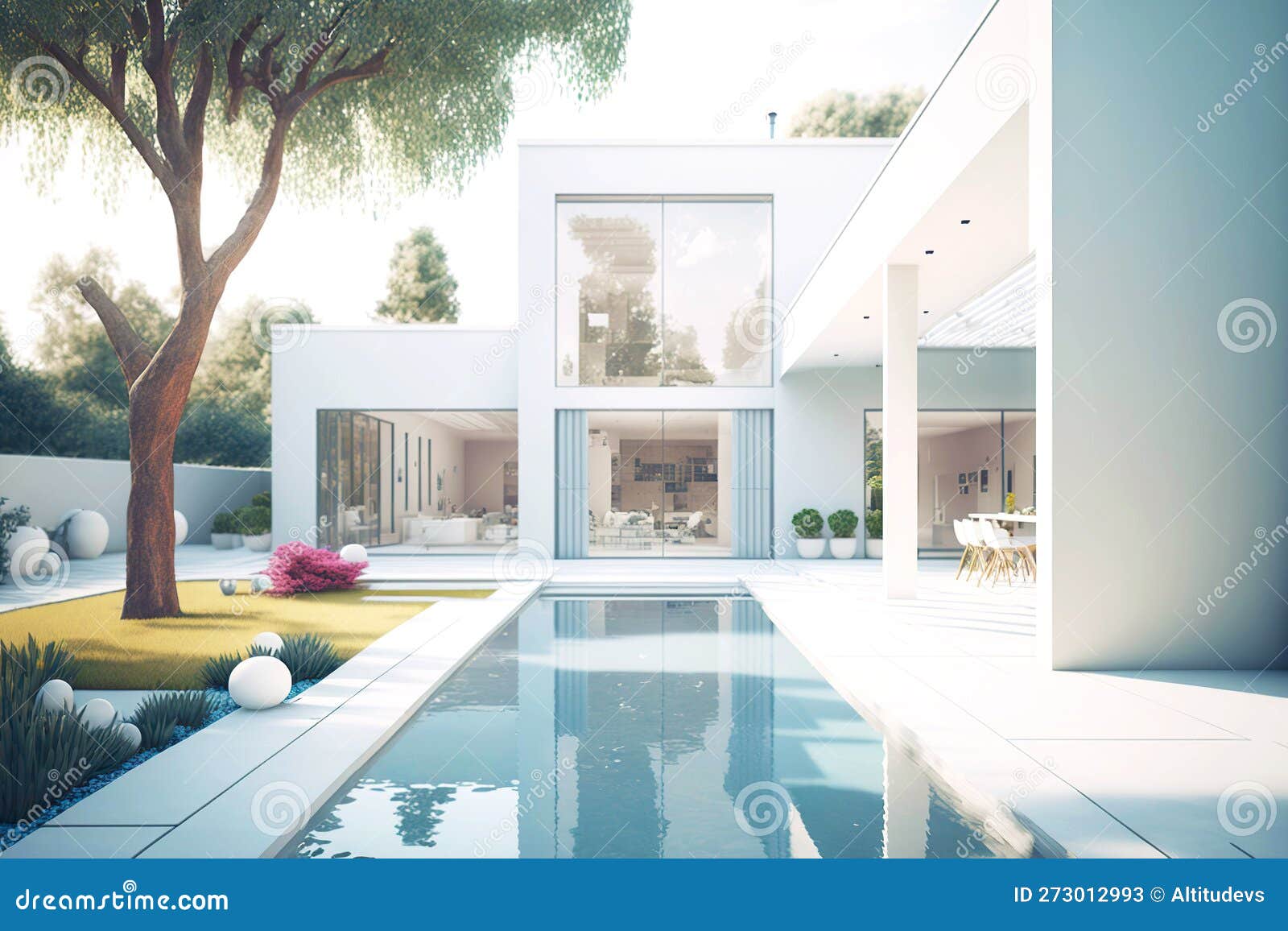 White Modern House with Panoramic Windows Overlooking Chic Pool Stock ...