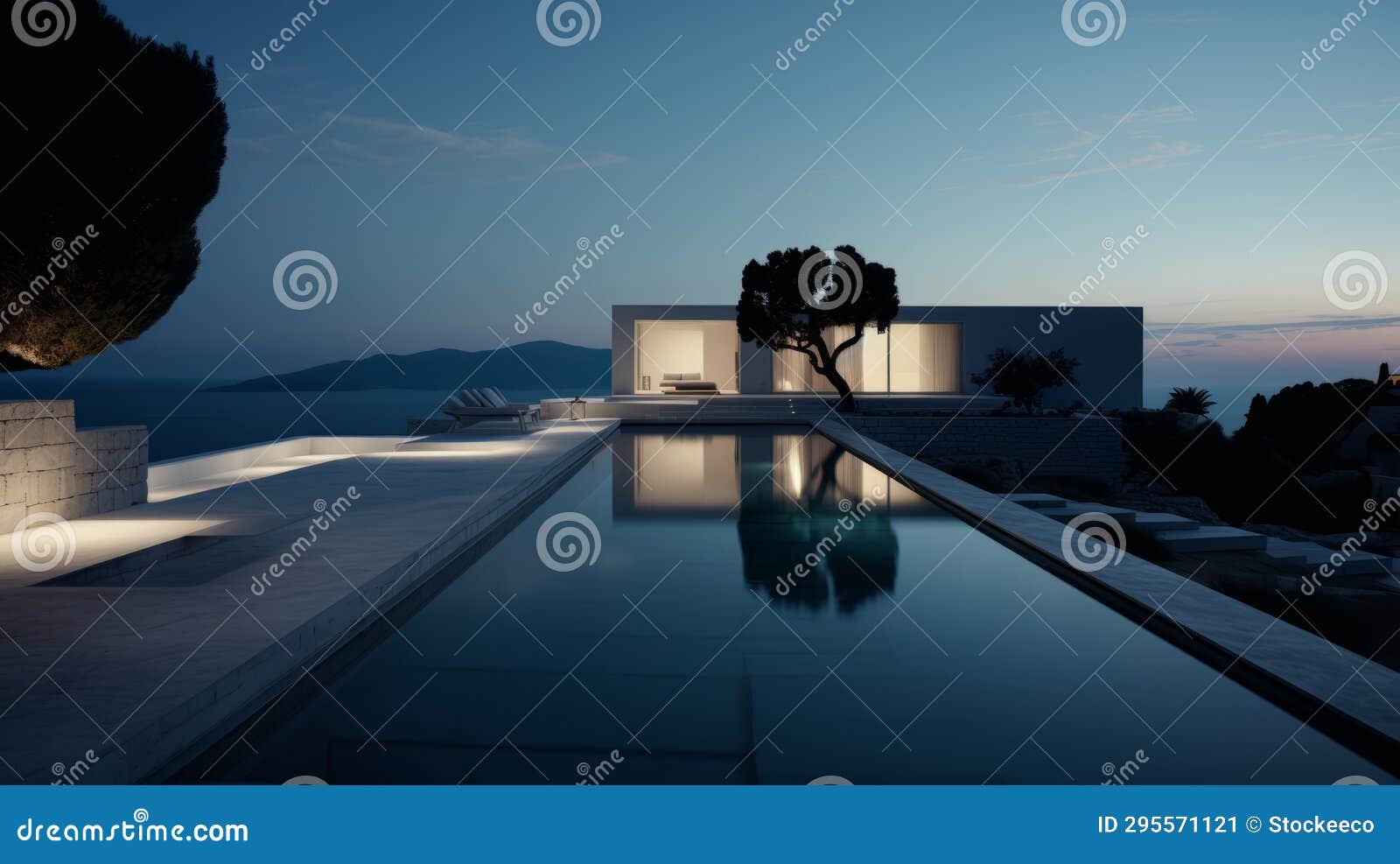 White Modern House with Pool: a Serene Nighttime Retreat Stock ...
