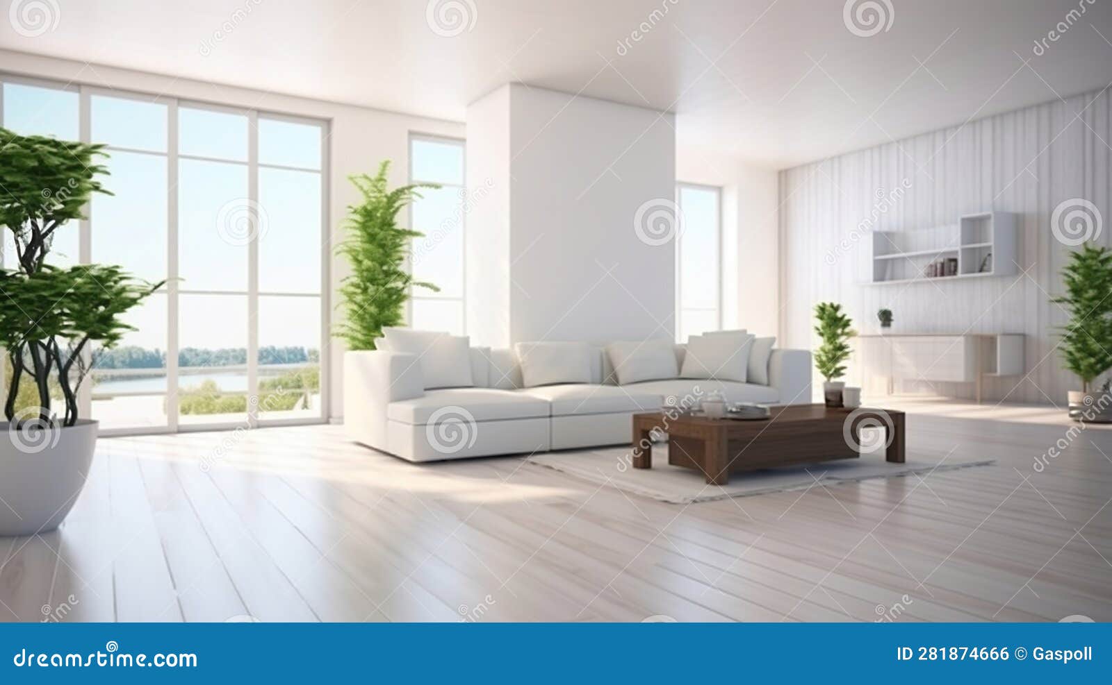 White Modern Interior with Panoramic Windows and Corner Sofa-3D ...