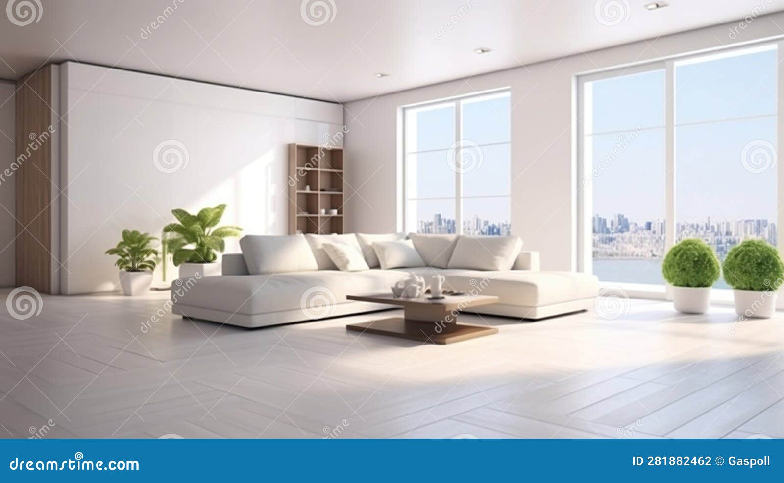 White Modern Interior with Panoramic Windows and Corner Sofa-3D ...