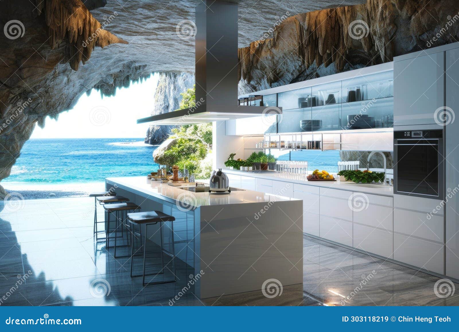 White Modern Kitchen in a Cave with Sea View Stock Illustration ...