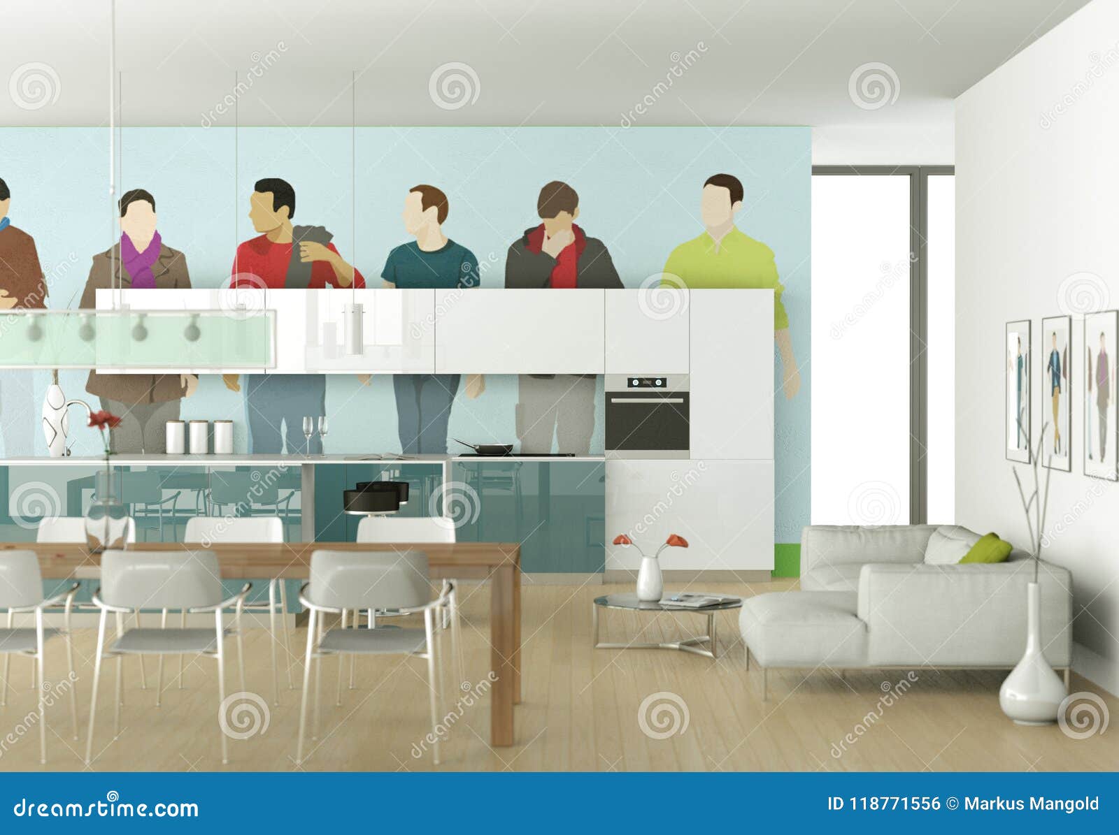 White Modern Kitchen with Comic Wallpaper Stock Illustration ...