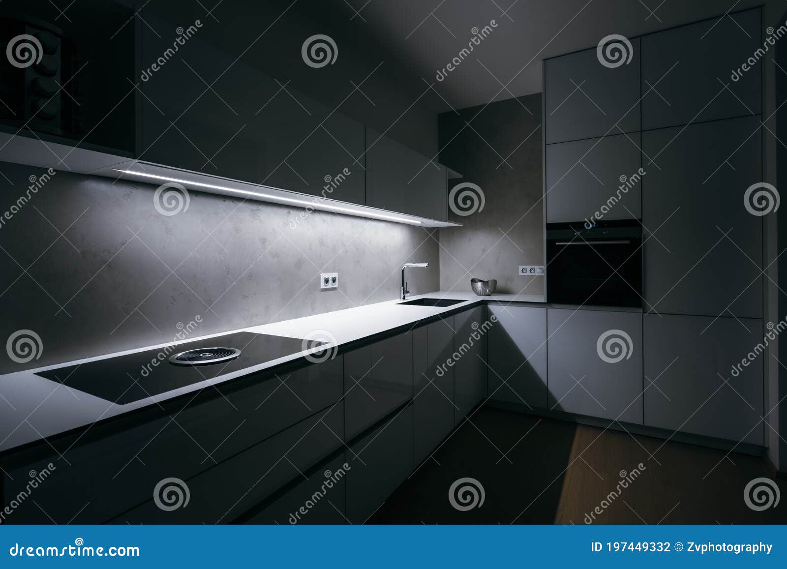 White Modern Kitchen in Night Light Stock Photo - Image of architecture ...