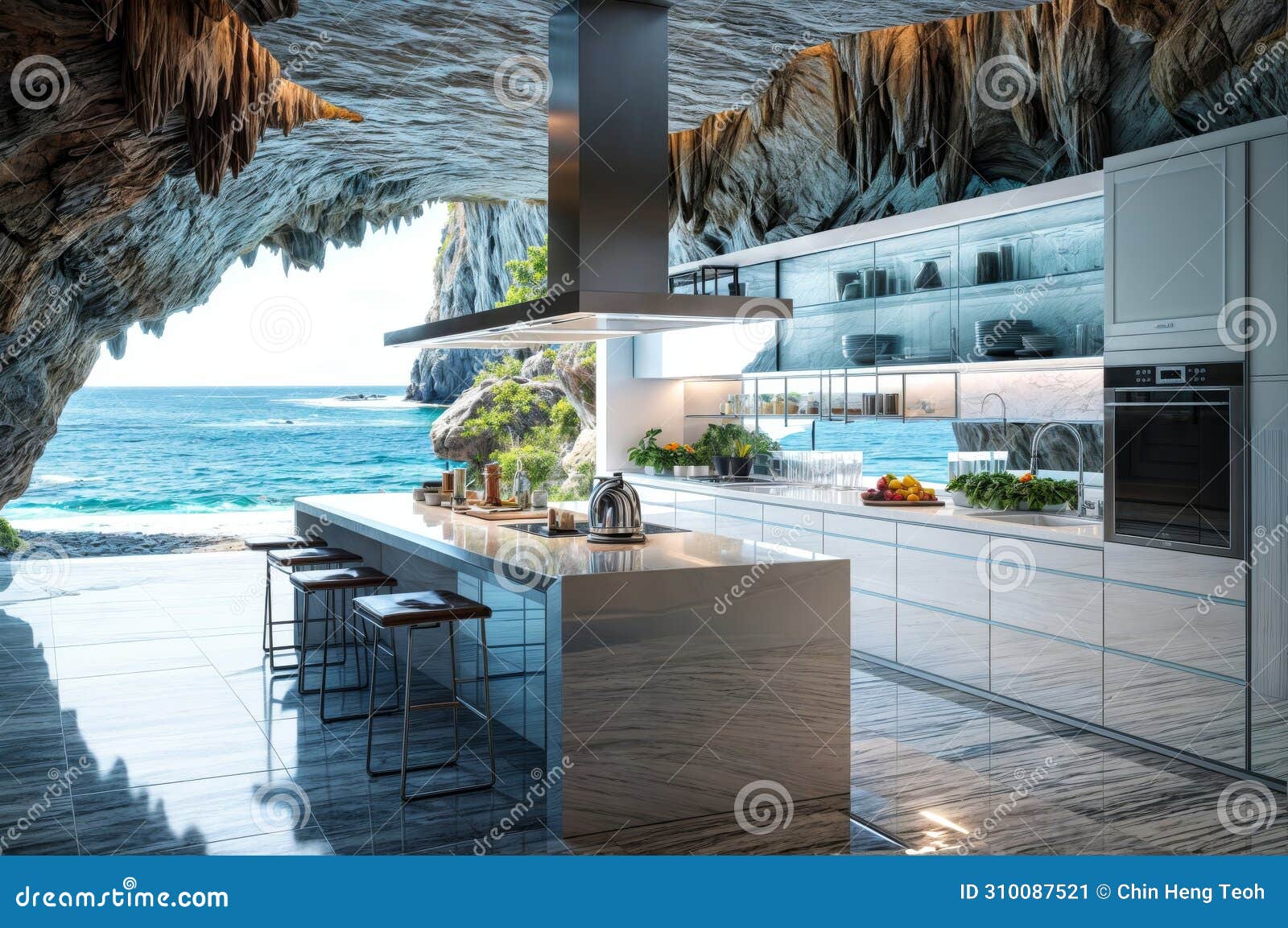 White Modern Kitchen with Sea View in the Cave Stock Image - Image of ...