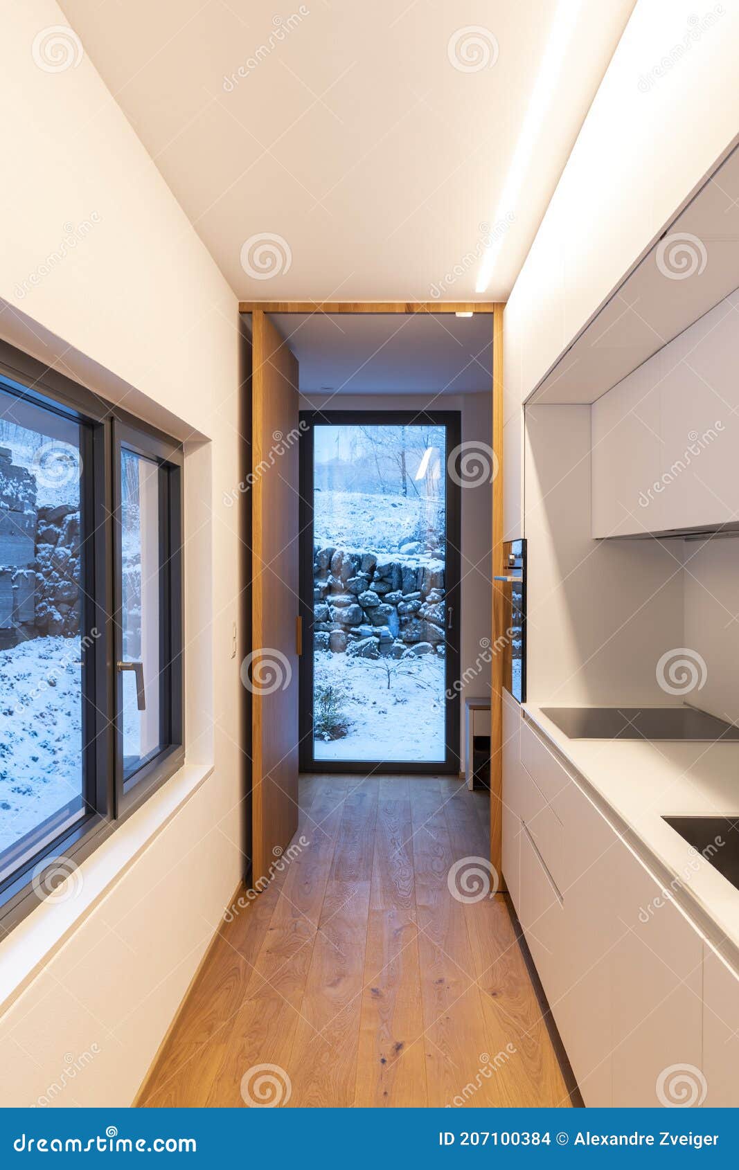 White Modern Kitchen with Windows of View of Nature and Snow Stock ...