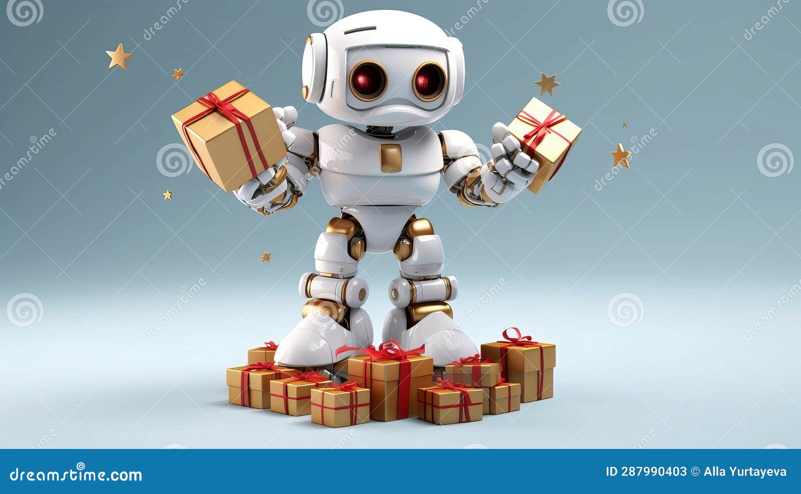 White, Modern Robot with New Year and Christmas Gifts on a Plain Background. AI Generated Stock ...