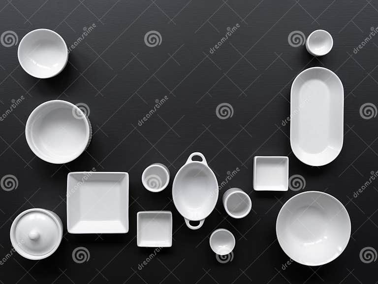 White, Modern Tableware in Various Designs on a Black Background Stock ...