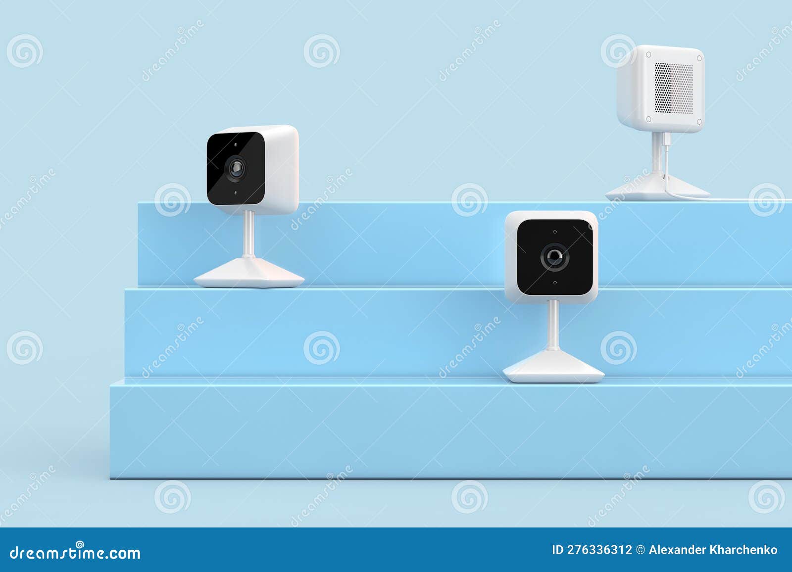 White Modern Web Cameras on a Blue Product Presentation Podium Cube. 3d ...