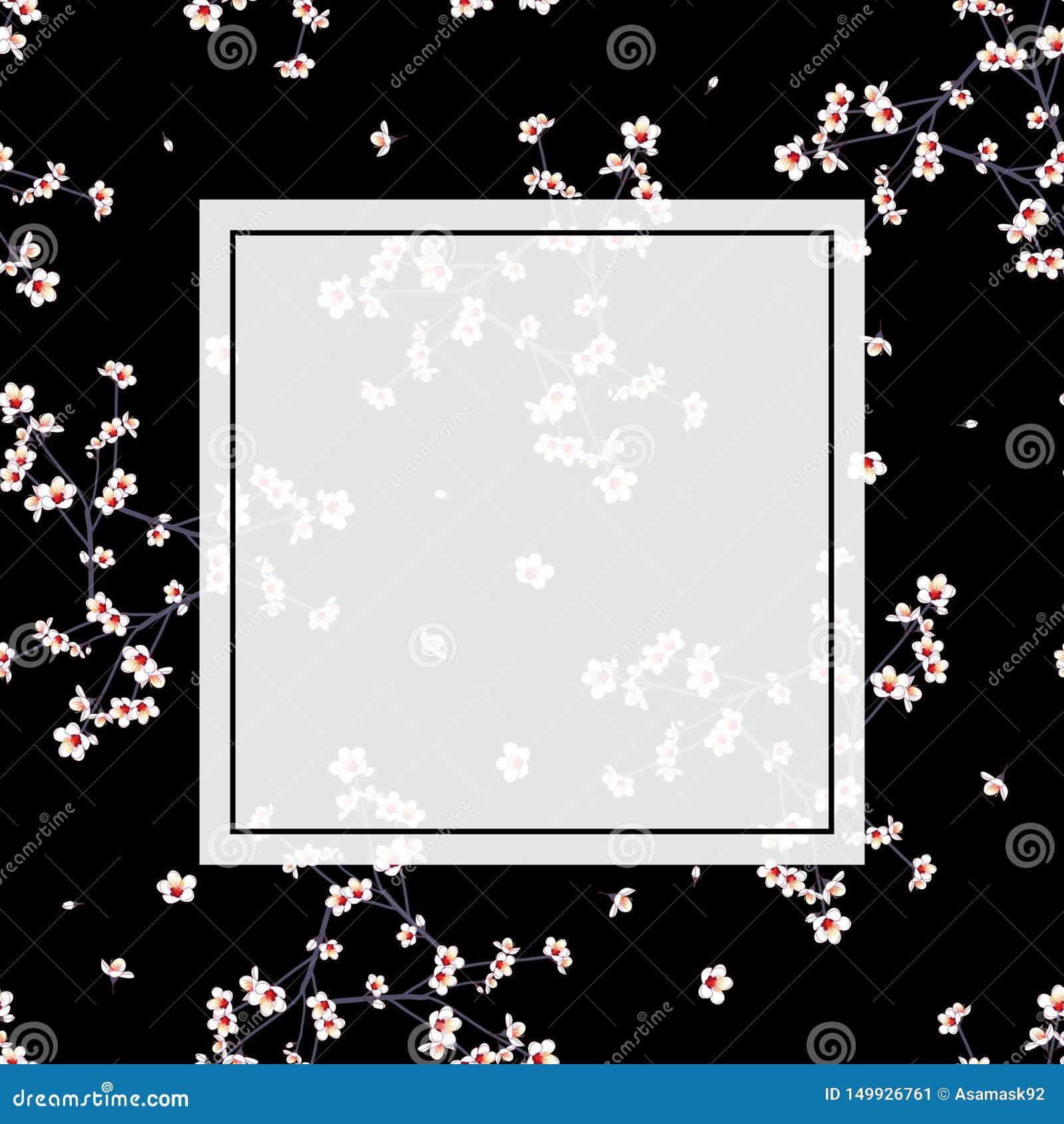 Momo Peach Flower Blossom Banner Card Border Outline. Vector ...