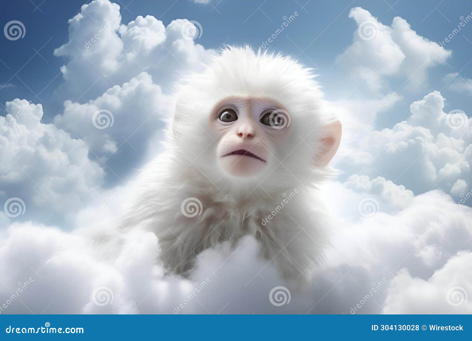 A White Monkey with Its Eyes Wide Open Standing on Clouds Stock ...
